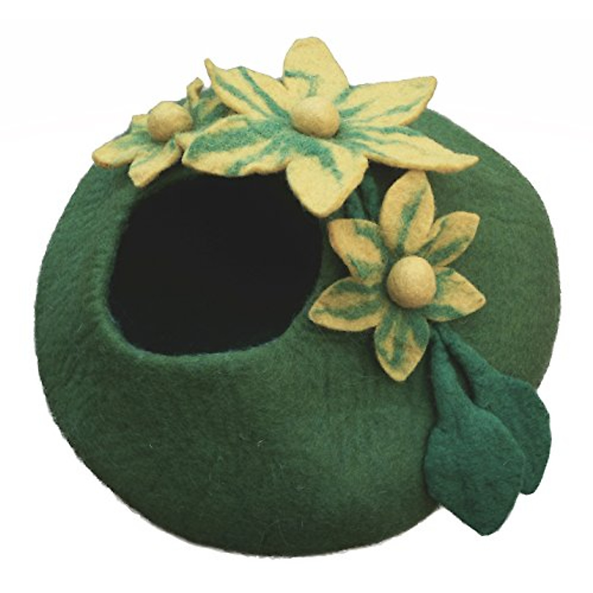 Earthtone Solutions Cat Cave Bed, Unique Green Handmade Felted Wool, Large Covered and Cozy, Also Perfect for Kittens, Original Cat Caves, (Emerald Haven)