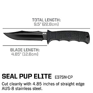 SOG Fixed Blade Knives with Sheath - SEAL Pup Elite Survival Knife, Hunting Knife w/ 4.85 Inch AUS-8 Bowie Knife Blade for a Tactical Knife (E37SN-CP)