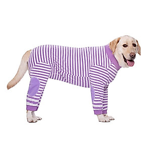 Large Dogs Pajamas, Stripes Cotton Stretchable Dog Jumpsuit, 4 Legs Lightweight Dog Onesie Pjs Clothes Apparel with Zipper Closer and Elbow Pads, Full Coverage Large Breed Dogs Anti-Shedding Suit