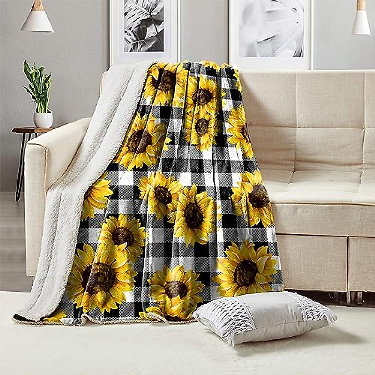 Reunbmq Super Soft Flannel Fleece Throw Blanket, Lightweight Sherpa Blankets Comfortable Bed Throws 3D Printed Blanket for Couch/Chair/Sofa/Bed/Dorm/Bedroom/Home (Sunflower Buffalo Plaid)