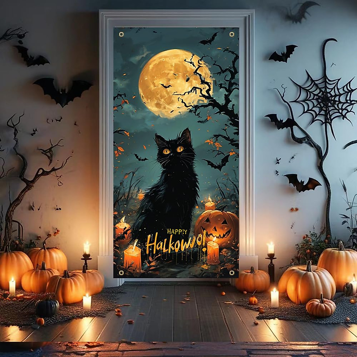 Halloween Door Cover Halloween Birthday Party Door Decorations Door scary window Banner 35.4 X 70.8 Inches Cat Theme Door Cover Halloween Birthday Decorations Sign Front Door for Halloween Party outdoor Supplies Decor (cat)