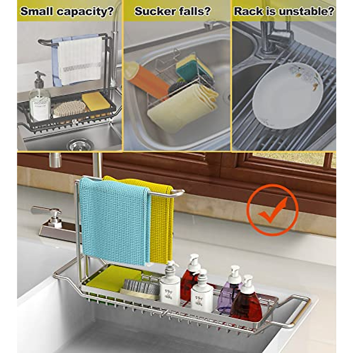 Mindore Sink Caddy, Telescopic Sink Storage Rack, Stainless Steel Sponge Holder for Kitchen Sink, Over Sink Sponge Holder with Dishcloth Towel Holder, Adjustable Sink Rack for Soap, Scrubber Brush