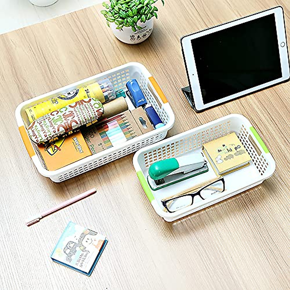 Lawei 8 Pack Large Plastic Sorage Basket with Handle - 15 x 10 x 3 Inch Pantry Organizer Basket Bins Desktop Paper Storage Basket for Organization, Countertops, Cabinets, Bedrooms, Bathrooms