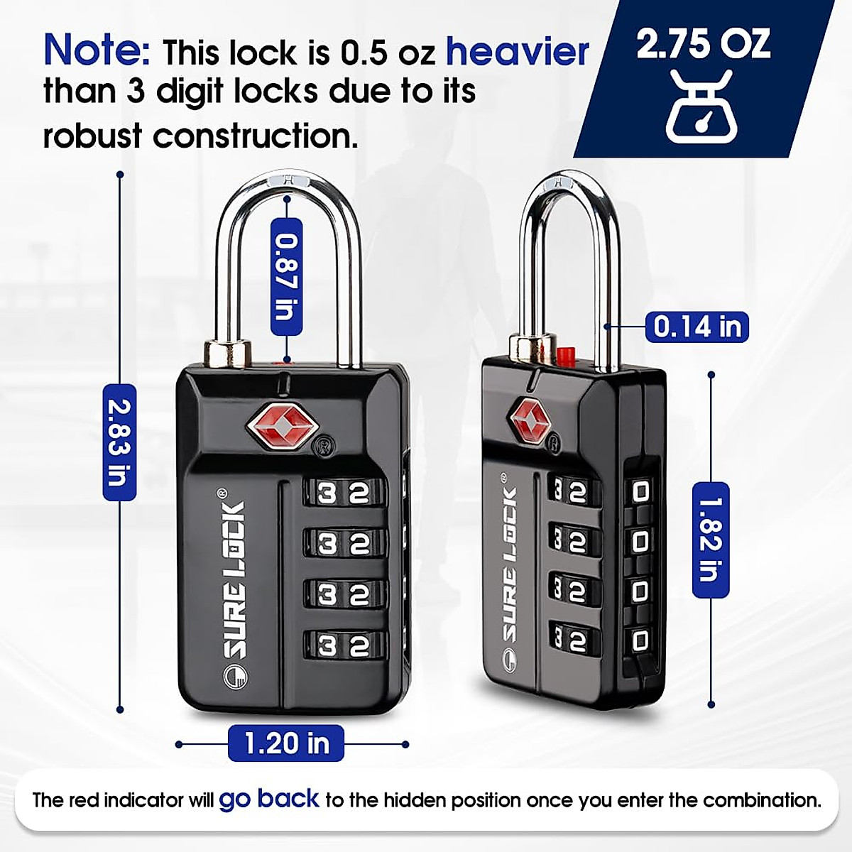 TSA Approved Travel Luggage Locks, Open Alert Combination Lock for School Office & Gym Locker,Toolbox, Pelican Case,Easy Read Dials- 1, 2 & 4 Pack (1, Black 2 Pack)