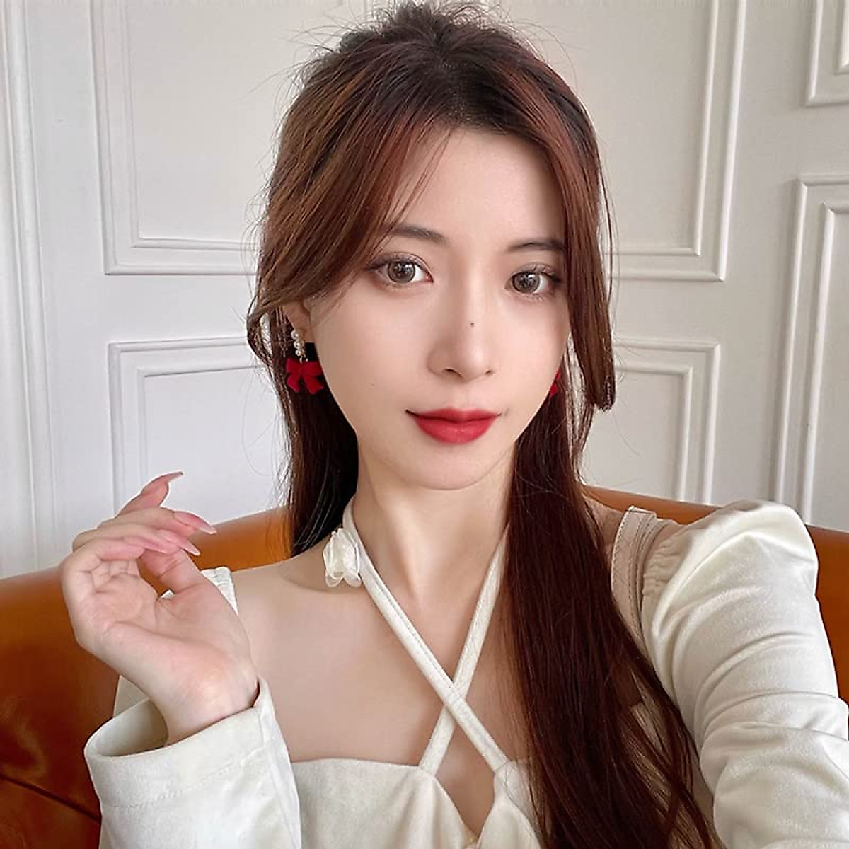 Christmas Bow Earrings for Women Pearl Drop Earrings for Bride Dainty Velvet Earring Red Earrings for Women Dangle Bridal Earrings for Wedding Christmas Birthday Gift