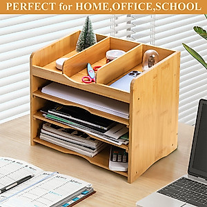 DEAYOU Bamboo Desk File Organizer, 13" Document Letter Tray Sorter with 2 Adjustable Shelves, 4 Tier Mail Organizer Countertop, Paper Storage Holder Box Cubby for Magazine, Office, Home, School