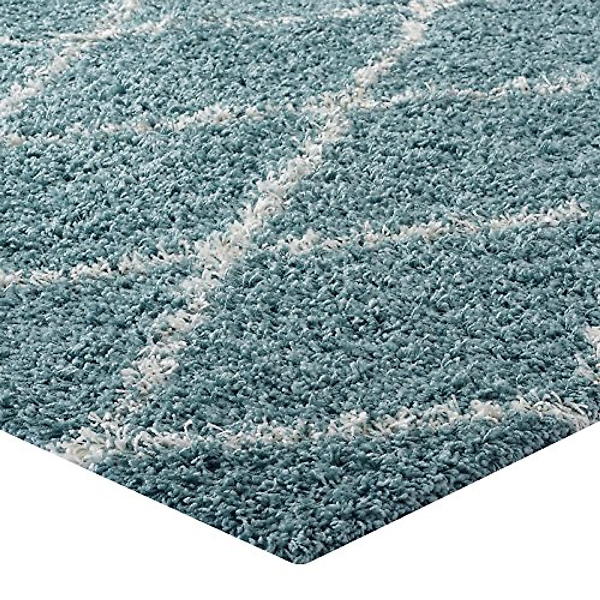 Modway Toryn Diamond Trellis 5x8 High Pile Shag Area Rug With Lattice Design In Aqua Blue and Ivory