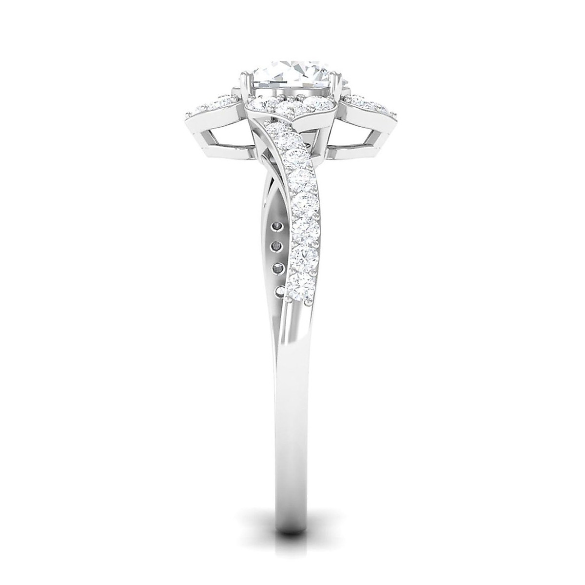 Rosec Jewels Round Shape Zircon Floral Halo Ring, Zircon Bypass Engagement Ring, Zircon Floral Ring for Women, Certified Zircon Engagement Ring, 10K White Gold, Size:US 11.00