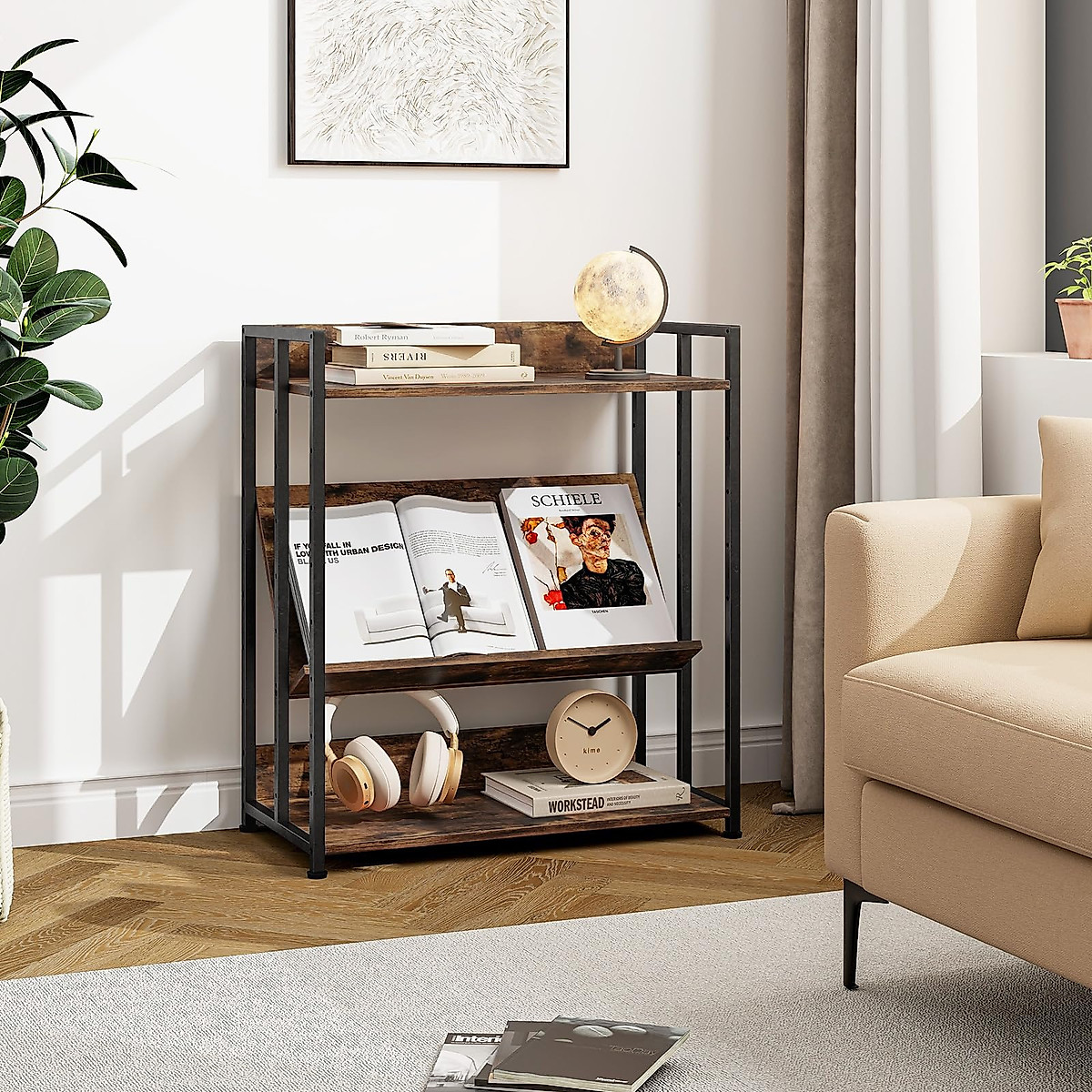 Giantex 3-Tier Bookshelf, Industrial 32" Tall Small Book Shelf with Adjustable Shelves, Adjustable Foot Pads, Anti-Toppling Device, DIY Wooden Floor Open Display Shelving, Bookcase Shelf Rack