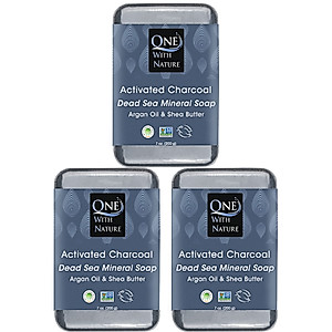 One With Nature Dead Sea Salt Activated Charcoal Soap 7oz 3Pack, Black Bar Soap Detoxifying Body Wash Soap Bar & Face Soap Vegan Men Soap with Shea Butter 100% Natural Soap for Men & Women Soap Bar