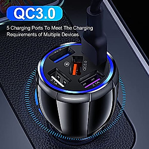 5-Port USB Fast Car Charger, QC3.0 Fast Charging Car Charger Adapter, 5 Multi Port Cigarette Lighter USB Charger, Car Phone Charger Compatible with iPhone/Android/Samsung Galaxy S10 S9 Plus and More