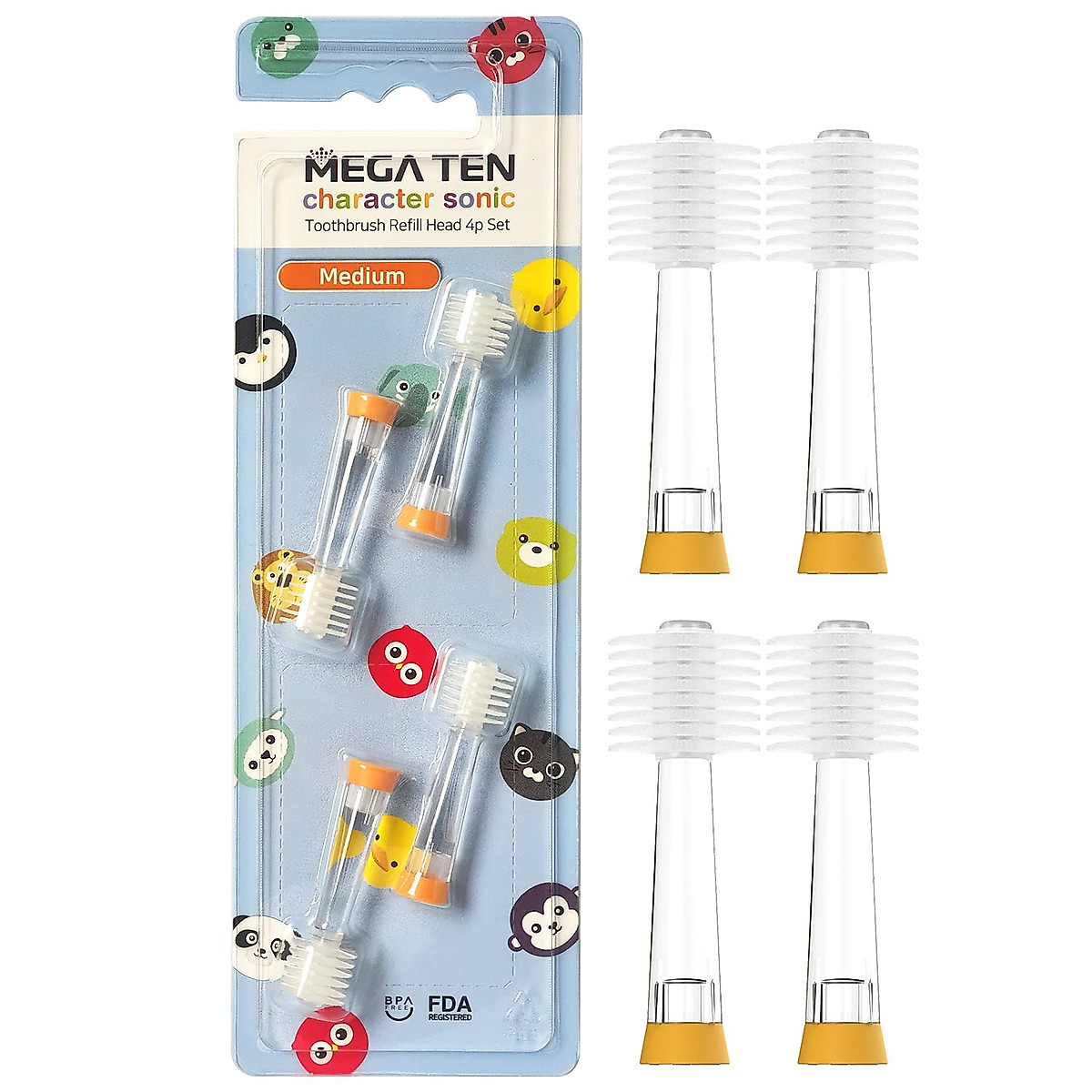 MEGATEN Kids 360 Degree Ultrasonic Electric Toothbrush Refill Brush Head - Made in Korea - Soft Microfiber Bristles - BPA Free - Over 48months, Medium 4ea