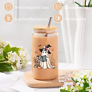 Halloween Gifts for Book Lovers Women - Birthday Christmas Book Club Gifts for Bookish Librarian Bookworm Readers - Cute Witch Spooky Gifts Reading Witchy Wizard Hat Glass Iced Coffee Cups with Lids