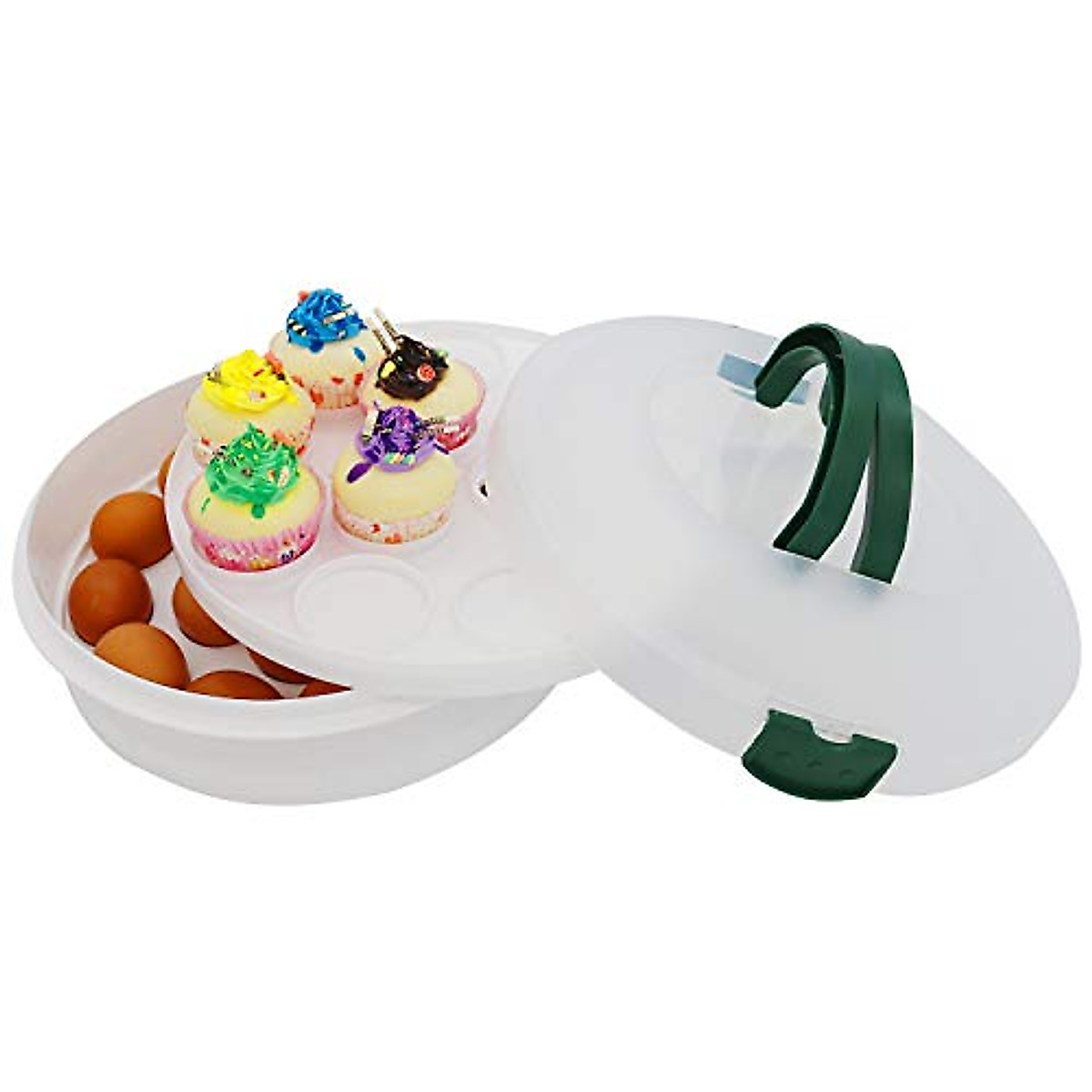 Portable Pie Cupcake Carrier with Lid and Tray 3-In-1 Round Cupcake Container Egg Holder Deviled Egg Tray Muffin Tart Cookie Food Keeper 10 Inch