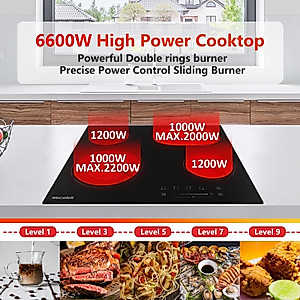 Weceleh 24 Inch Electric Cooktop, Built-in 6600W Glass Ceramic Cooktops, 4 Burners Electric Stove Top with Expandable Zone, 9 Heating Levels, Child Lock, Slider-Touch Control, 220-240V (No Plug)