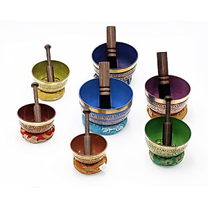 Tibetan Singing Bowls Set of 7 High Sided Colored with Carry Box | Bells for Meditation and Yoga | Sound Therapy Instruments for Relaxation | Singing Bowls Chakra Healing for Spiritual and Mental Calm
