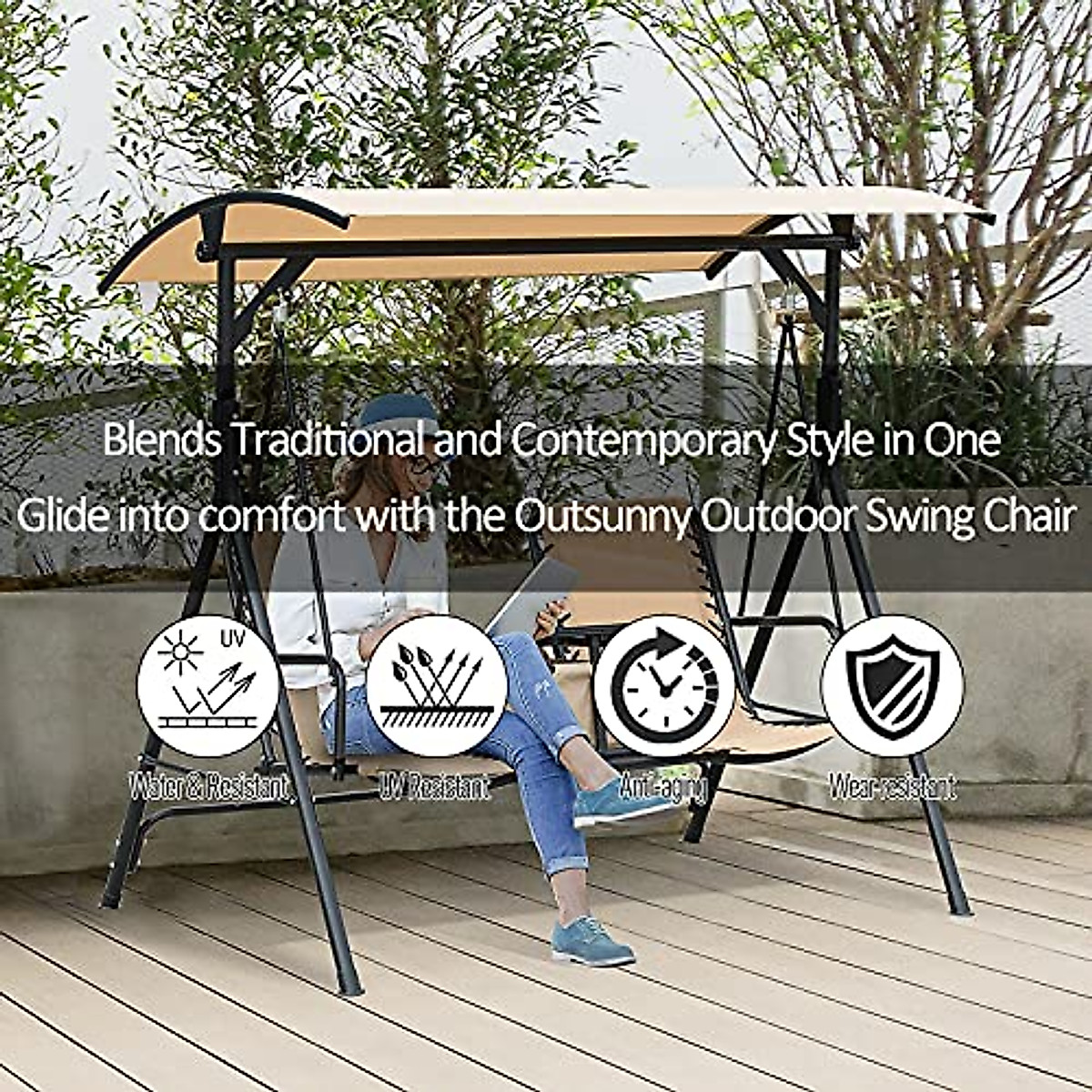 GXP Steel Outdoor Porch Swing Chair Patio Bench w/Storage Canopy, 2 Person Beige