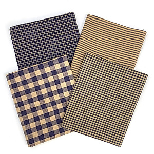 Set of 4 Fat Quarters, Heritage Navy Blue Assorted Plaid Gingham Homespun Cotton Fabric Bundle by JCS