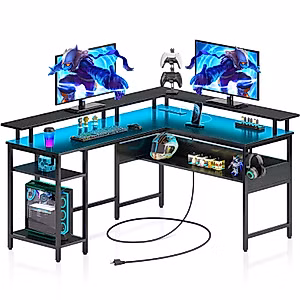 Rolanstar Computer Desk L Shaped 56.7" with LED Lights and Power Outlets, Reversible L Shaped Gaming Desk with Monitor Stand, Home Office Desk with Storage, Desk with USB Port and Hook, Black