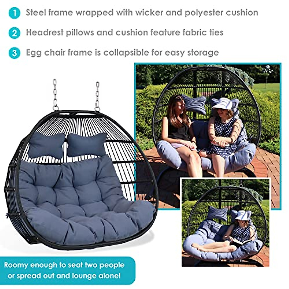 Sunnydaze Liza Loveseat Egg Chair with Cushions - Comfy Bohemian-Style Decorative Outdoor Living Collapsible Chair - Gray Polyester Cushions with Black Wicker Rattan Frame - 43 Inches Tall