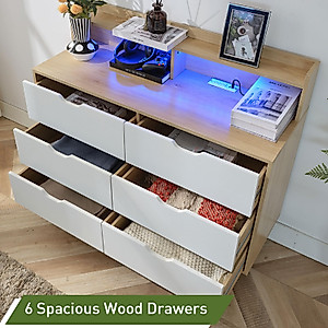 Bonzy Home 6 Drawer Dresser with Charging Station, Wooden Chest of Drawers with LED Light for Closet Hallway, Living Room, Entryway, White
