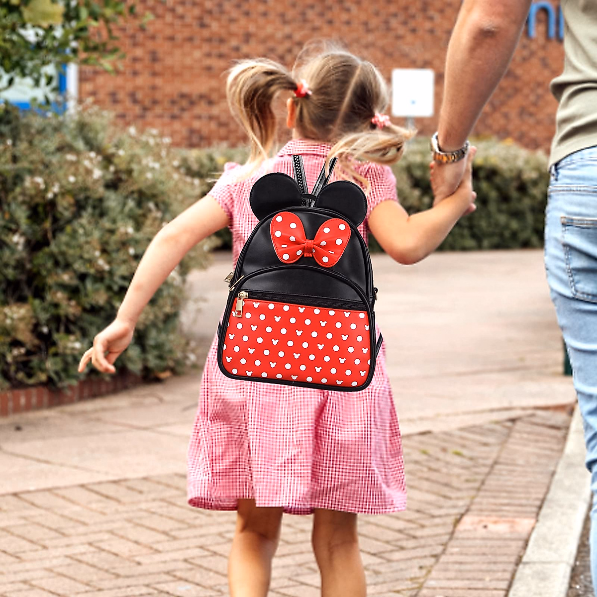 Dksyee Cute Red Backpack for Girl Bowknot Polka Dot Mini Mouse Leather Backpacks for Toddler Little Girl Backpack Kids Small Travel Backpack Convertible Shoulder Bag Purse for Women Children Daypack