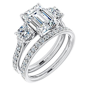 3 Ct Emerald Cut Colorless Moissanite Engagement Ring Set Wedding Bridal Ring Set Solitaire 10K 14K 18K Rose/Yellow/White Gold Sterling Vintage Silver Promise (925 Silver (White Gold Plated))