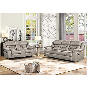 Roundhill Furniture Elkton Manual Motion Reclining Sofa and Loveseat with Storage Console, Taupe