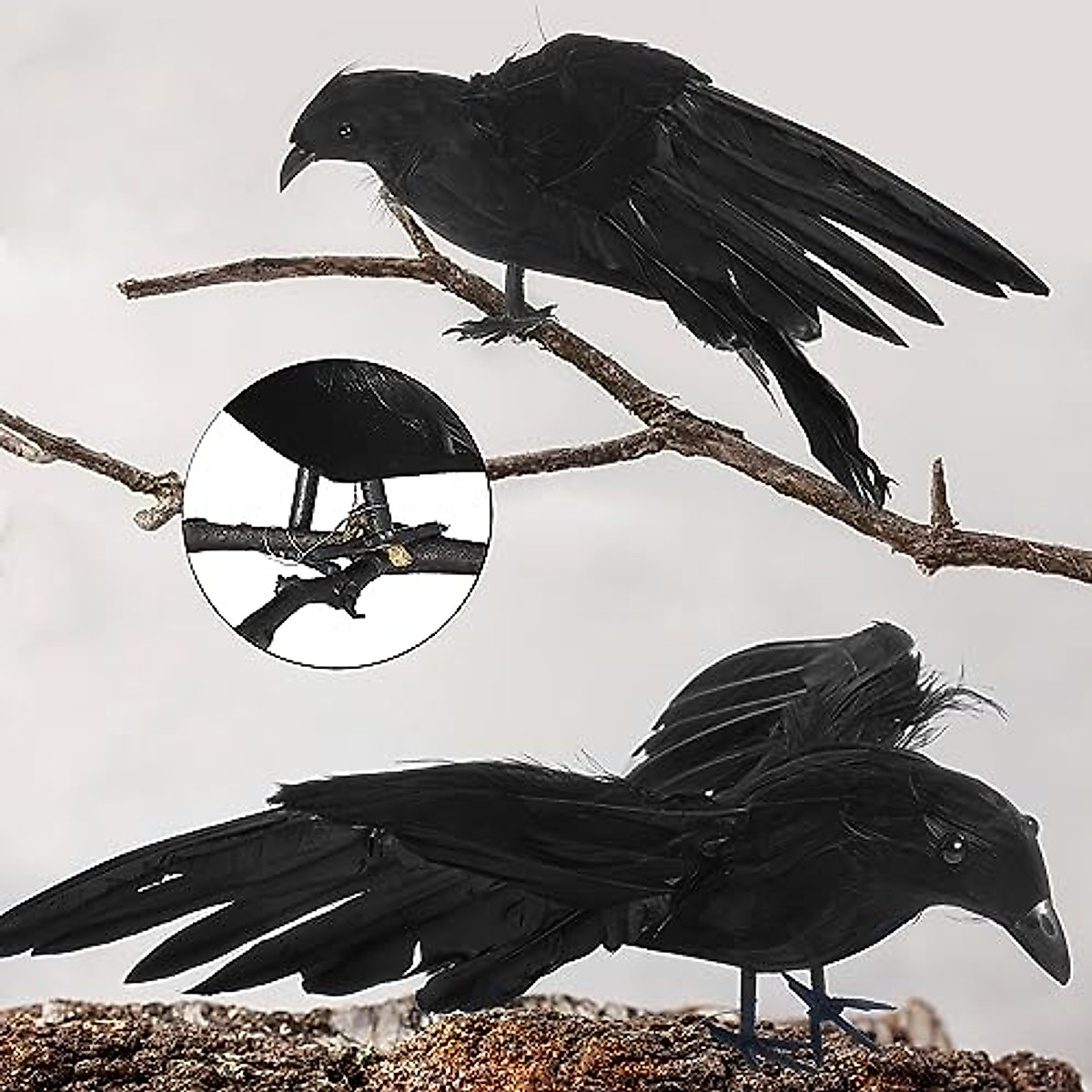 yumhum 2 Packs Large Real Feathered Halloween Black Crows, Lifelike Halloween Crows with Real Feathers Big Raven Birds for Yard Indoor Outdoor Décor