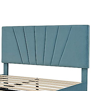 Livavege Queen Size Upholstered Platform Bed Frame with a Big Drawer, Queen Bed Frames with Velvet Headboard, Wooden Slats Support, Storage Bedframe No Box Spring Needed, Easy Assembly