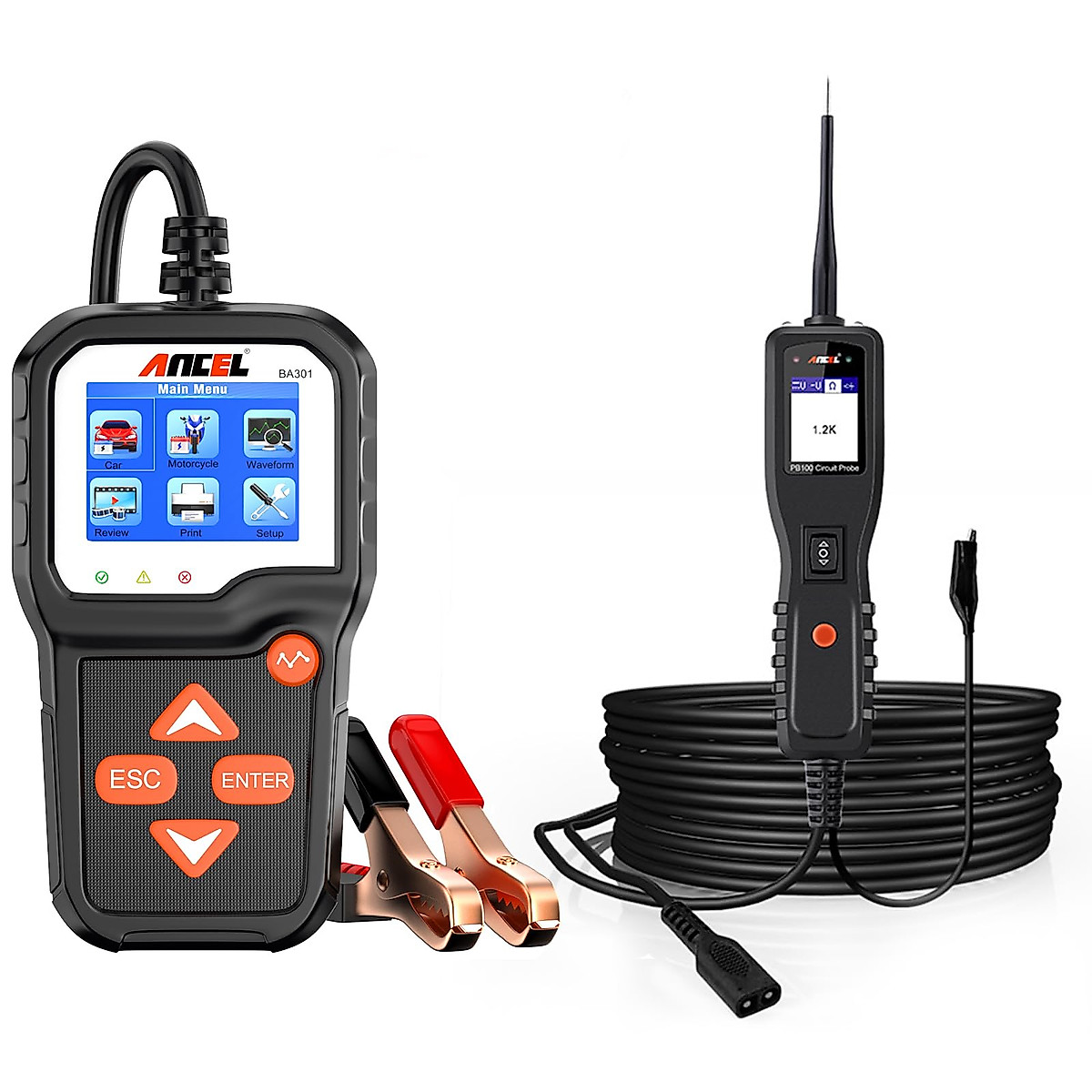 ANCEL PB100 Automotive 12/24V Power Circuit Tester Probe with ANCEL BA301 6V 12V Battery Load Tester Car Cranking Charging System Test Tool