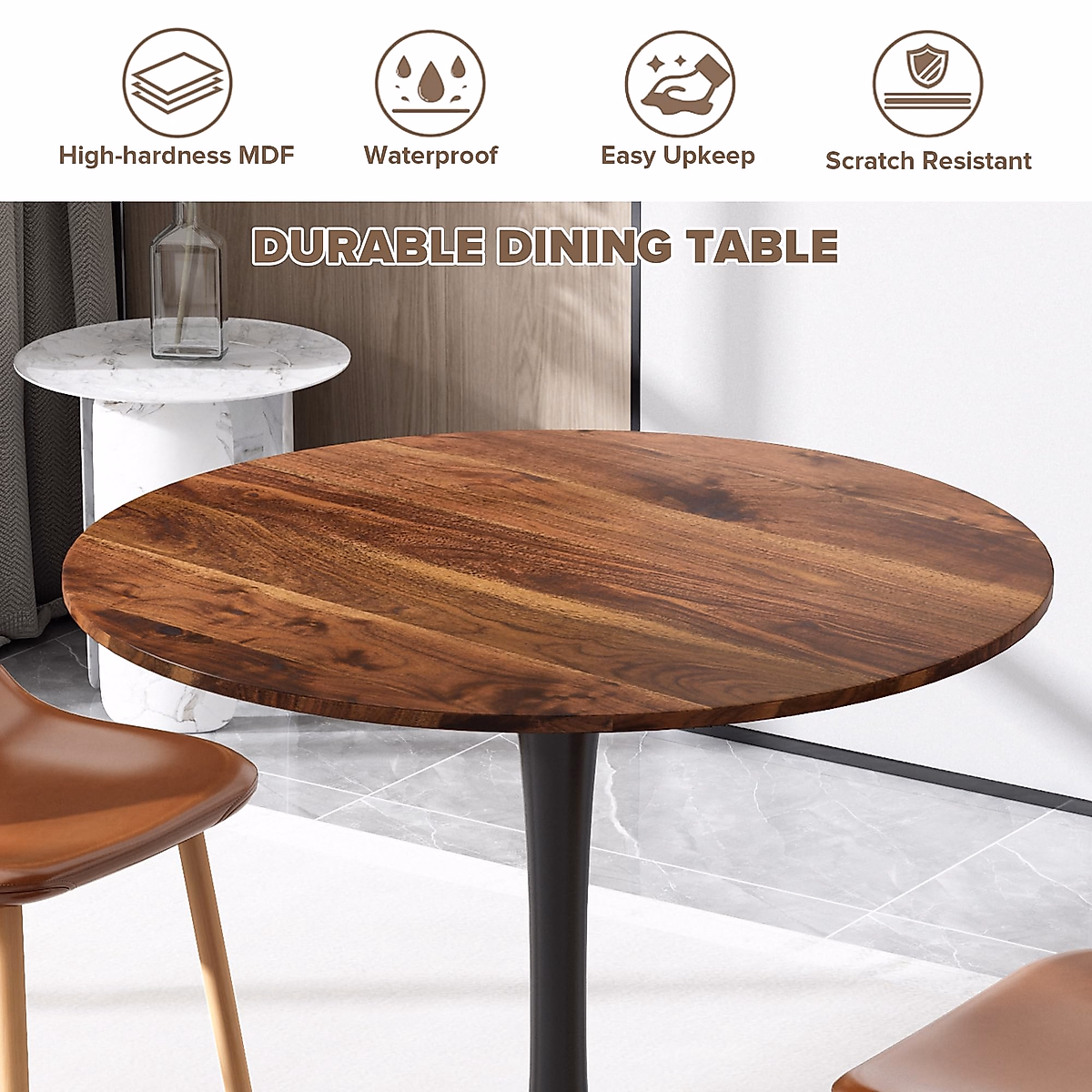 Ufurpie Round Dining Table for 2-4 People, 31.5" Kitchen Dining Table with Walnut Tabletop and Pedestal Base, Mid-Century Tulip Table for Small Space Home Office Living Room Kitchen Leisure, Walnut