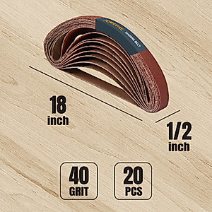 POWERTEC 1/2 x 18 Inch Sanding Belts, 20PK, 40 Grit Aluminum Oxide Belt Sander Sanding Belt for Air File Belt Sander, Woodworking, Metal Polishing (401804)