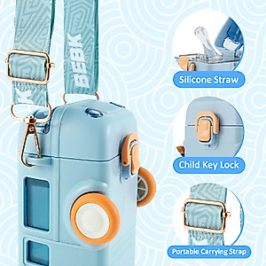 EUWBSSR Car Straw Water Cup 16oz Portable Detachable Bus Water Bottle with Shoulder Strap Leak-Proof Kids Small Drinking Cup Cute Cartoon Water Jug Toy Locking Flip Lid Water Kettle for Kids (Blue)