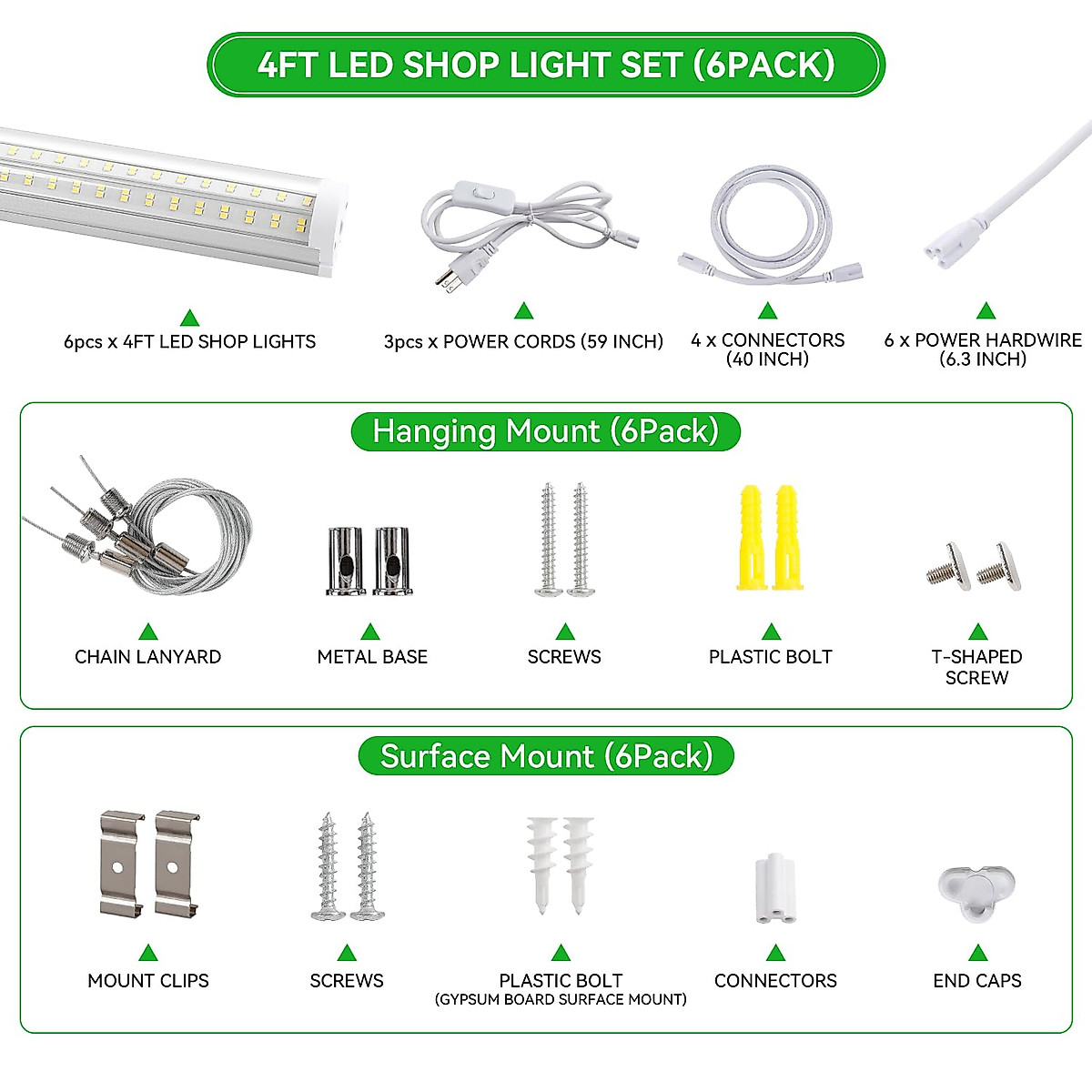 Skymoatled T12 4FT LED Shop Lights Garage Lights,65W 5000K 10400LM Daylight Color,Hanging/Surface Mount,Super Bright,Plug and Play,Linkable LED Shop Lights for Warehouse Workshop Basement,6Pack