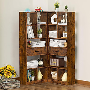 LELELINKY 6 Tier Open Bookshelf Mid Century Modern Bookcase, Wood Book Shelf with 8 Cubes and a Drawer, Floor Freestanding Bookshelves Cube Storage Organizer for Bedroom, Living Room, Office (Brown)