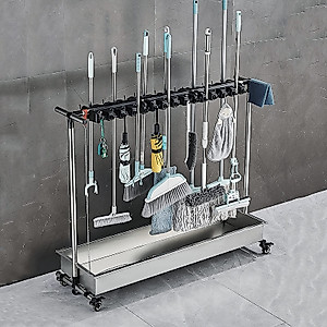 WXZX Mop and Broom Holder, Movable Broom Organizer Storage Tool Racks, Put Wet Mops Floor Standing Cleaning Tool Rack Stainless, Heavy Duty Hooks for Home Kitchen Garden Laundry Garage