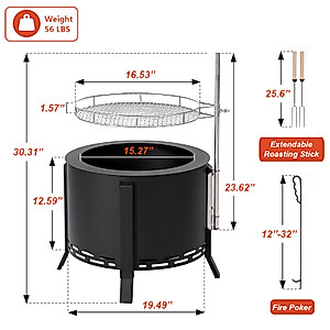 TITIMO Smokeless Fire Pit 19.5”inch Bonfire Low Smoke Stove 360°Rotating Grill pan with Removable Ash Pan Alloy Wood Burning Outdoor Fire Pit for Backyards and Camping Park Party BBQ Waterproof Bag