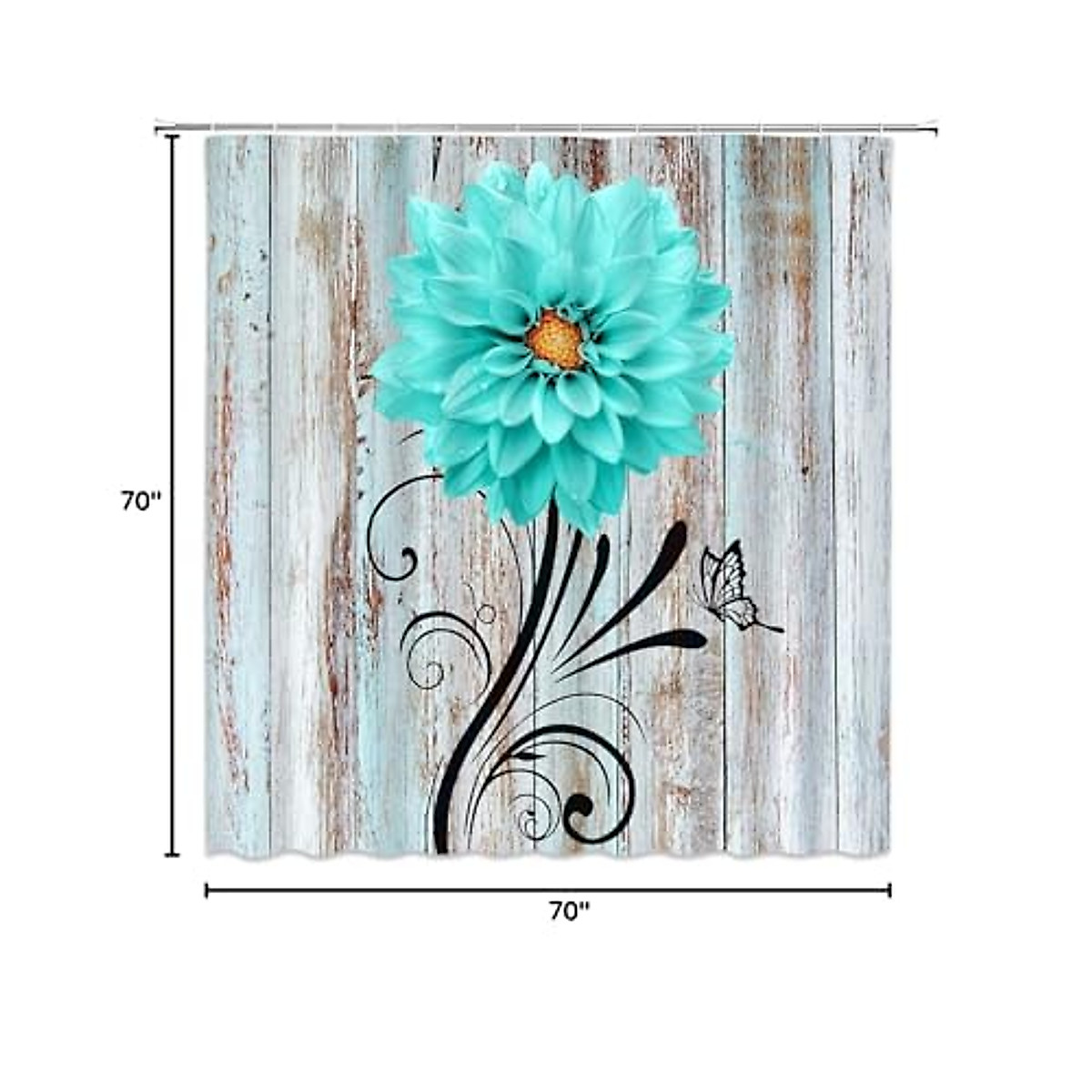 Teal Dahlia Floral Shower Curtain Daisy Flower Butterfly Country Farmhouse Rustic Turquoise Wooden Board Plank Barn Door Bathroom Decor Accessories Polyester Fabric Set with 12 Hooks 70 X 70 in