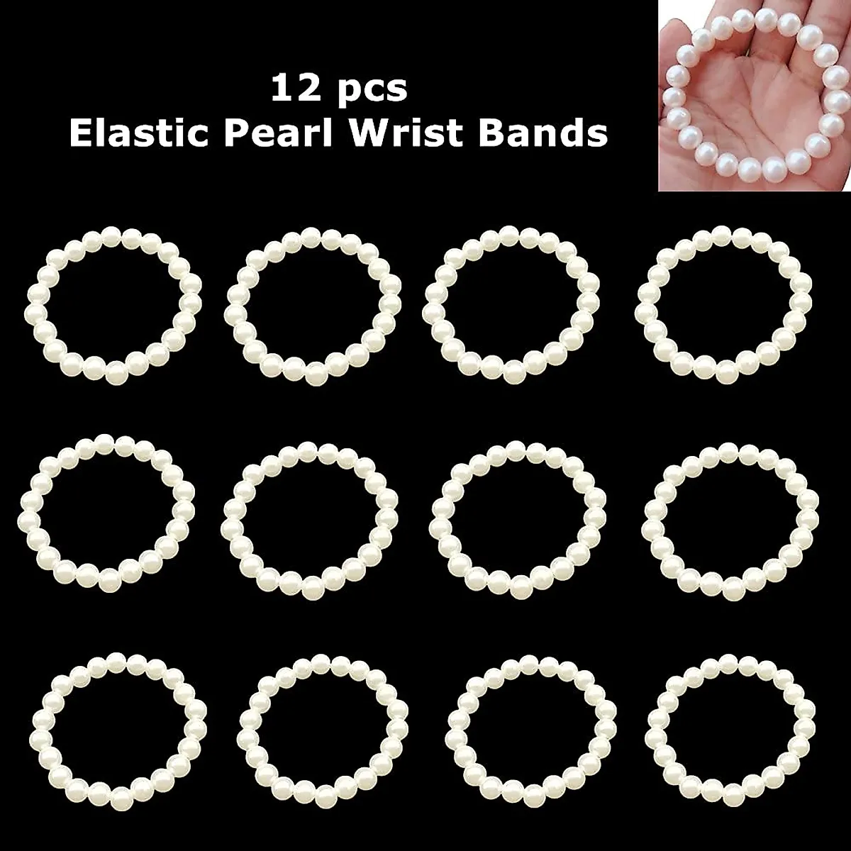 YOKOKE Elastic Pearl Wrist Bands Wristlets Corsage Accessories Bracelet for Wedding Prom Flowers (12Pcs White Pearl Wristbands)