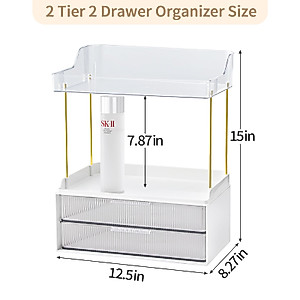 shuang qing 2-Tier 2-Drawer Bathroom Countertop Organizer, Skin Care Large Organizer, Multi-Purpose Makeup Storage Rack for Vanity, Cosmetic Counter Organizer (Clear)