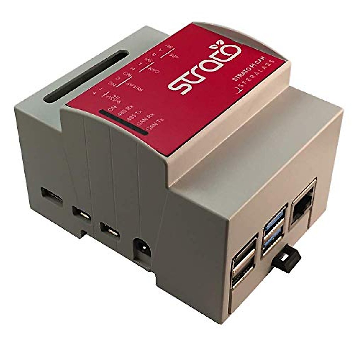 Strato Sfera Labs Pi CAN Pi4B 2GB - DIN-Rail Case, 1 Relay, RS-485, CAN, Real Time Clock, Hardware Watchdog, Buzzer, Secure Element Chip, CE/FCC/IC/RoHS Compliant