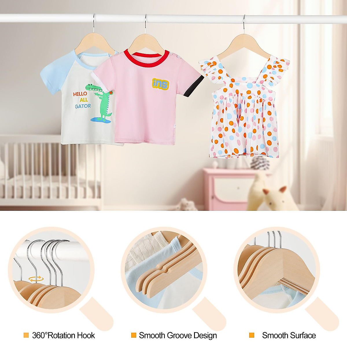 TOPIA HANGER Unfinished/Natural Kids Children Baby Wood Wooden Clothes Dress Shirt Hangers with No Painting - 360°Stronger Flexible Hook- Extra Smoothly Cut Notches, 10 Pack CT09N