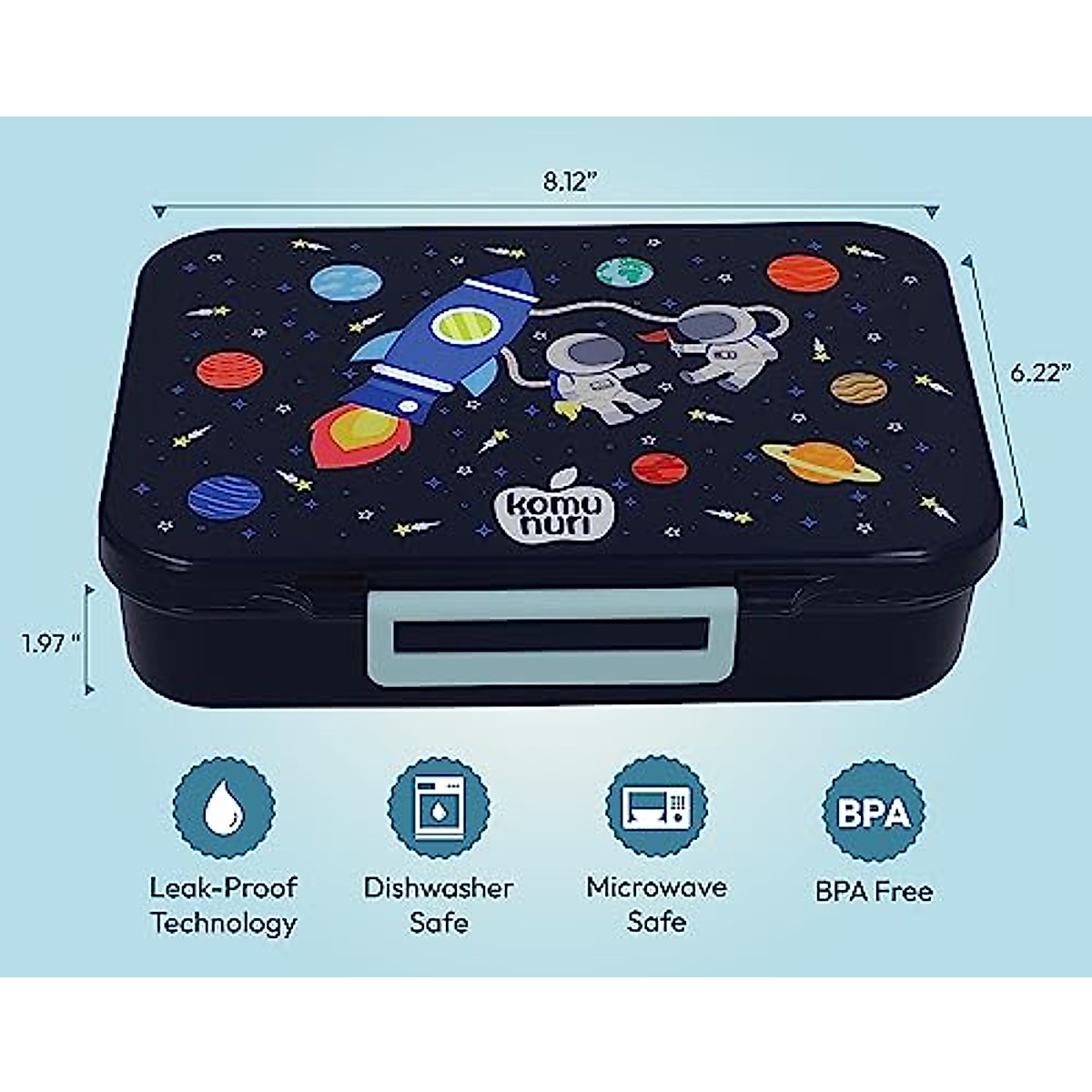 KOMUNURI LeakProof Bento Lunch Box for Kids, 4 or 5 Compartments, Microwave Safe, Dishwasher Safe, BPA Free, Lightweight, Kid Friendly Latch (Deep Blue - Space/Astronaut/Planets)
