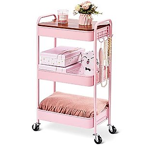 TOOLF 3-Tier Rolling Cart, Metal Utility Cart with Detachable Tray Top, Storage Craft Art Cart Trolley Organizer Serving Cart Easy Assembly for Office, Bathroom, Kitchen, Kids' Room, Classroom
