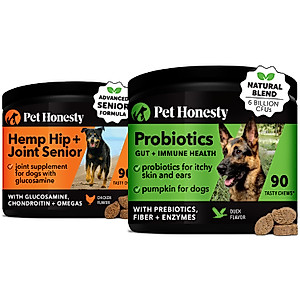 Pet Honesty Senior Hemp Hip & Joint Support & Probiotics Bundle: Mobility Supplement & Gut Health Chews for Dogs (Chicken & Duck 90 ct)