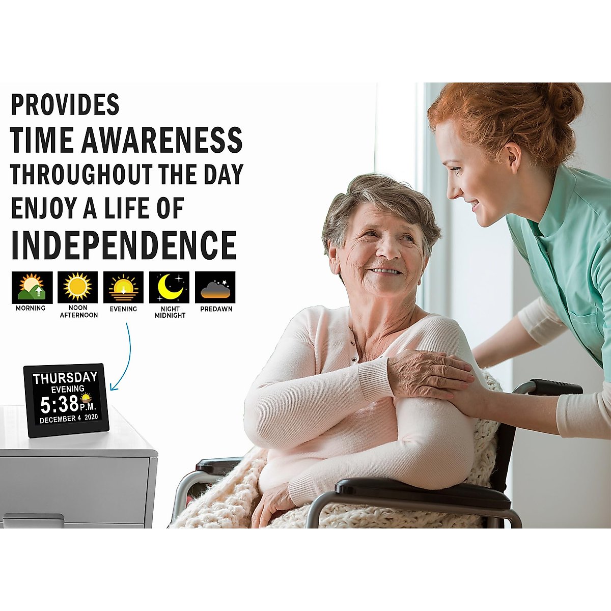 【Upgraded】 Dementia Clock 2.0 with Auto DST, Large 8" Display, 19 Alarms, DIY Custom Reminders,10 Auto-Dim Options, Non-Abbreviated Digital Clock for Elderly, Memory Function (8 Inch with Remote)