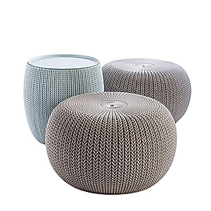 Keter Urban Knit Pouf Ottoman Set of 2 with Storage Table for Patio and Room Décor - Perfect for Balcony, Deck, and Outdoor Seating, Misty Blue & Taupe