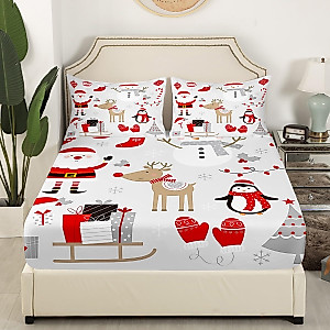 Cute Cartoon Penguin Fitted Sheet Merry Christmas Bed Sheets Full Size Santa Claus Gifts Bed Set Happy New Year Xmas Bedding Set 3 Piece Christmas Elk Christmas Themed Bedding