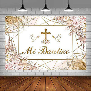 AIBIIN 7x5ft Boho Mi Bautizo Backdrop Mexican Baptism Christening Girl First Holy Communion Party Decorations Bohemian Pink Floral Pampas Photography Background Newborn Baby Shower Photo Booth Props